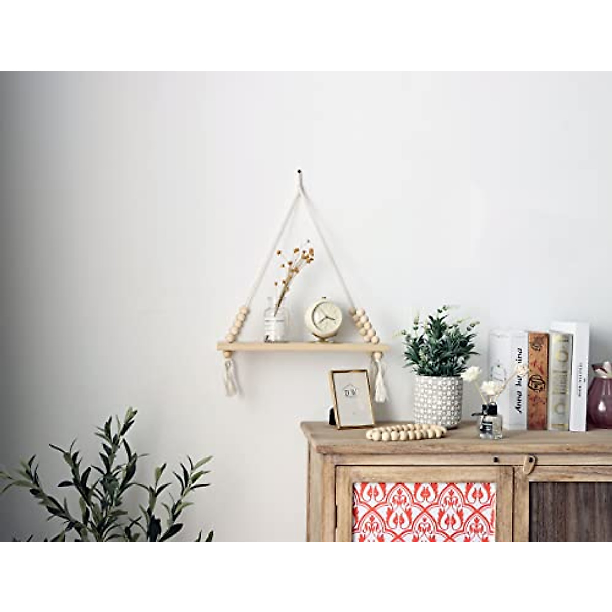 ND RongFeng Wooden Rope Suspended Floating Shelf Set of 2, Wall Rope Rack for Living Room, Bedroom, Bathroom and Kitchen, Shelves in Natural Wood Color