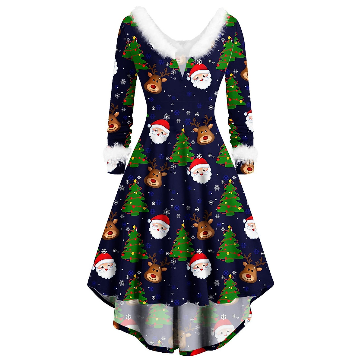 Red Dresses for Women Sexy Santa Christmas Printed Midi Dresses Furry V-Neck A-Line Swing Party Dress Cosplay Costume