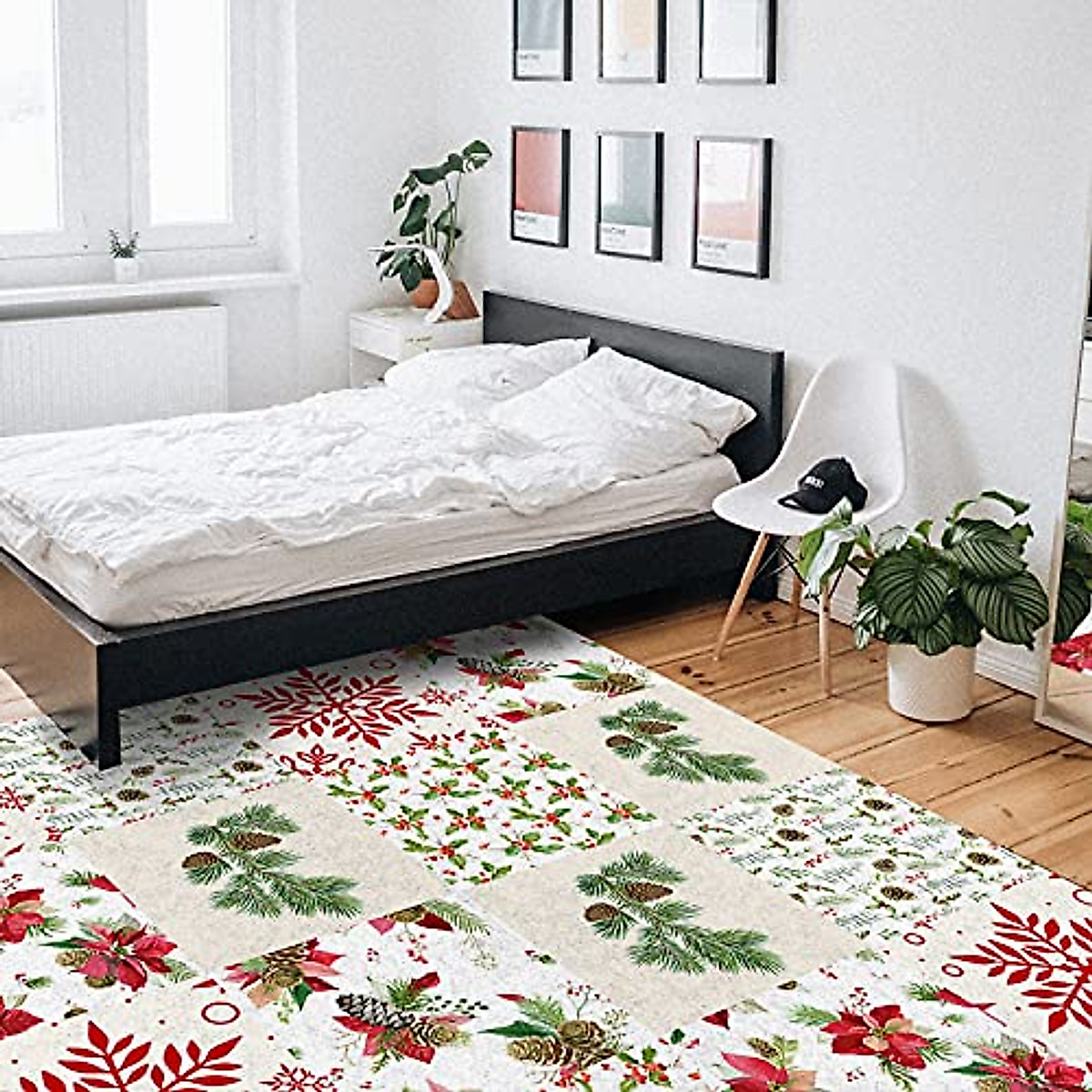 Indoor Area Rug - Welcome Mat Living Room Area Rugs Washable Non-Slip Floor Carpet for Bedroom Farmhouse Dorm (Farmhouse Christmas Snowflake Pine Needle Poinsettia, 2'x3')