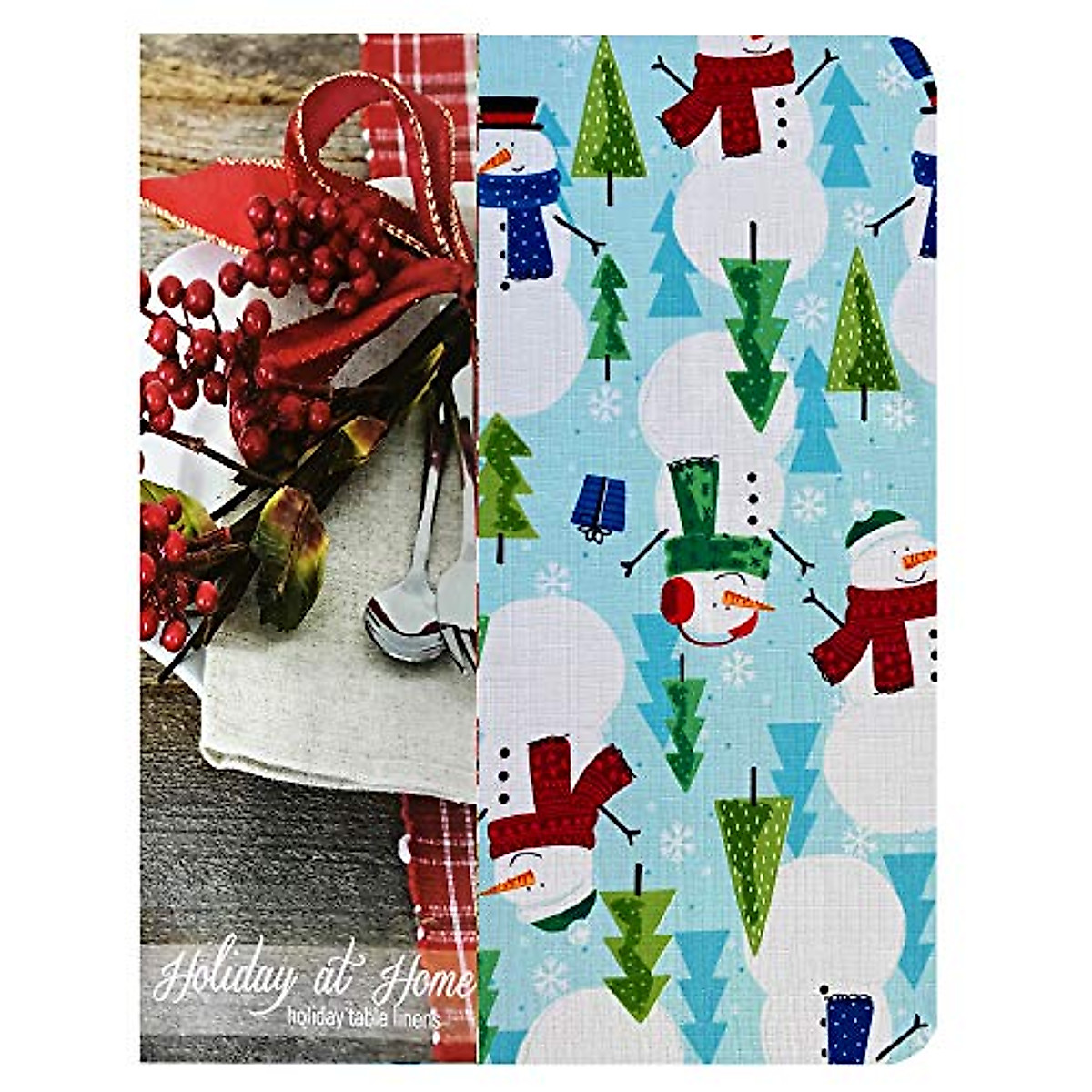 Newbridge Blue Snowman Fun Christmas Fabric Tablecloth, Cheerful Snowmen and Evergreen Tree Print Xmas Soil Resistant, No Iron Easy Care Tablecloth, 60 Inch x 102 Inch Oblong/Rectangle
