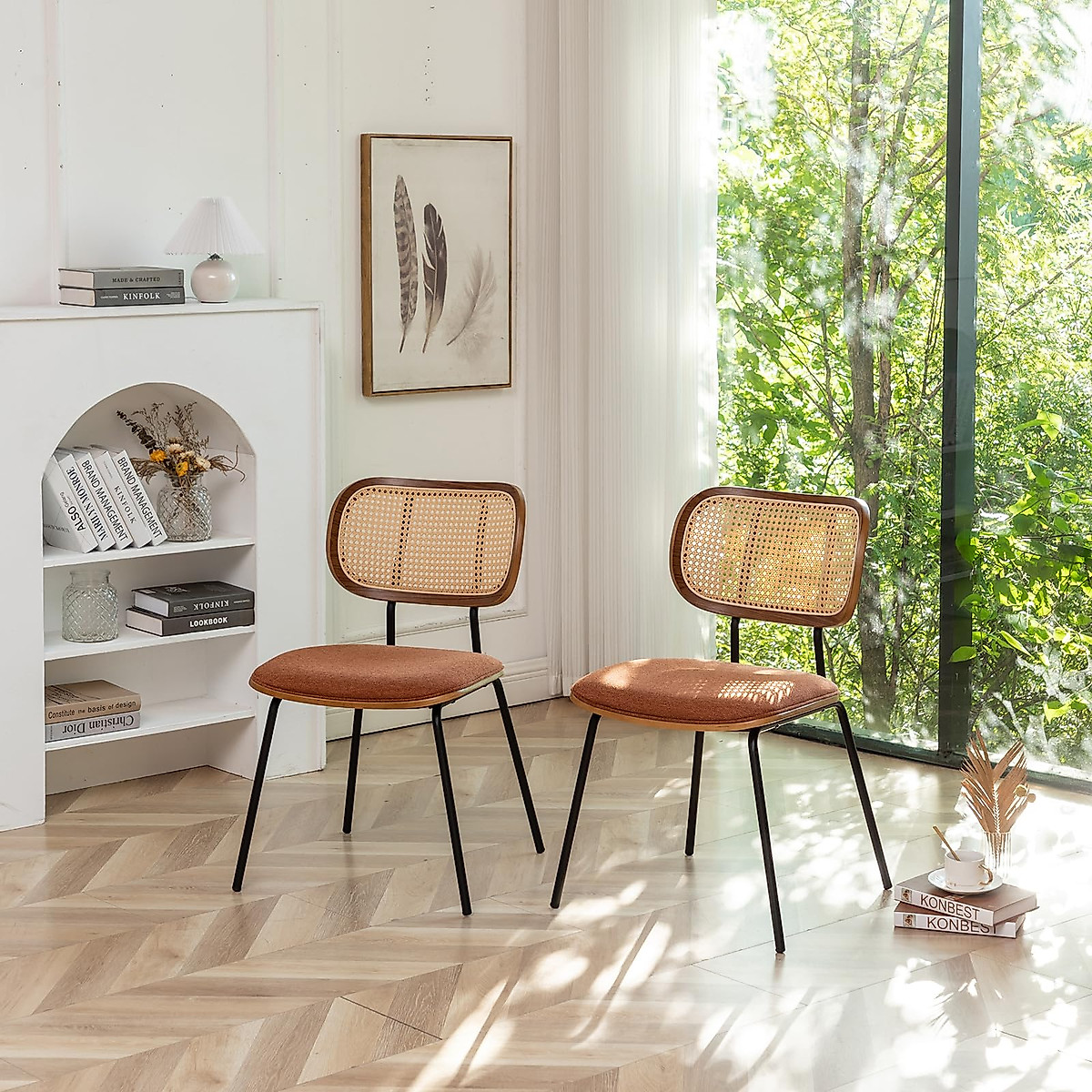 HOCEWI Rattan Dining Chairs Set of 2, Mid Century Modern Dining Chairs, Fabric Cane Dining Room Chairs (Orange, Fabric)