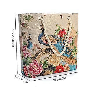 MAXZOOM Canvas Tote Bags Casual Shoulder Bag Handbag Purse Large Grocery Shopping Bag with Gold Embroidery Animal Design for Women, D1-peacock, 18 inches