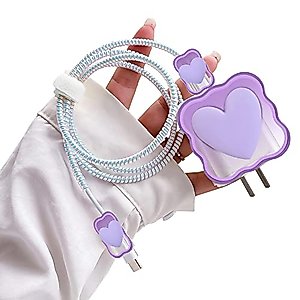 Cute Cable Protector for iPhone Charger with Lovely Design 3D Love Heart Data Cable Bite USB Charger Data Line Phone Wire Saver Protector Fit for iPhone 11 12 13 14 Pro Max Charger Protector-Purple
