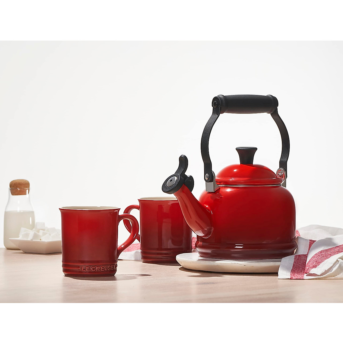 Le Creuset Enamel On Steel Demi Kettle & Stoneware Set of 2 Mugs, 1.25 qt. Kettle & (2) 14 oz. Mugs, Cerise