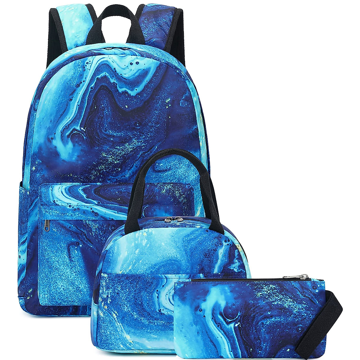 School Backpack Teens Boys Girls Cute Bookbag Schoolbag fit 15inch Laptop Insulated Lunch Bag for Elementary Kids Travel Daypack (Marble 41-Blue)