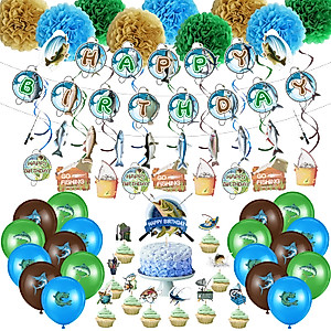 Outus 77 Pcs Gone Fishing Party Decorations Adult Fishing Birthday Party Decoration Include Banner Gone Fishing String Hanging Banner Pom Pom Flowers Hanging Swirls Latex Balloons Cupcake Topper