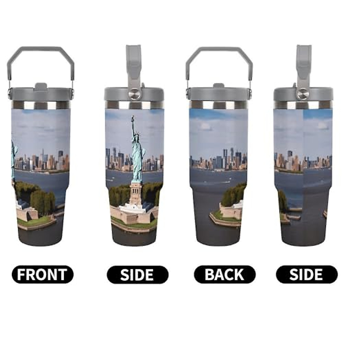 BWQJKUO Large Capacity Car Cup 30 Oz Stainless Steel Statue of Liberty in NYC Printed Travel Mug Leak-proof Flip Straw Tumbler with Handle,keeps Cold Or Ho