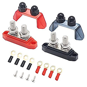 RECOIL S2P-38 Busbar Dual 3/8” Studs Terminal Power Distribution Block with Ring Terminals Pair Red & Black