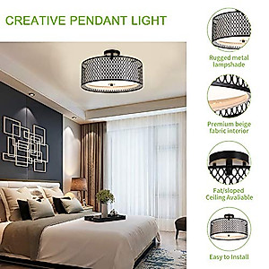 Ludil 17" Semi Flush Mount Ceiling Light Fixture, Modern 3-Light Black Durm Close to Ceiling Lighting with Metal Mesh Cage & Bottom Reflective Glass for Living Room Bedroom Kitchen Hallway Entryway