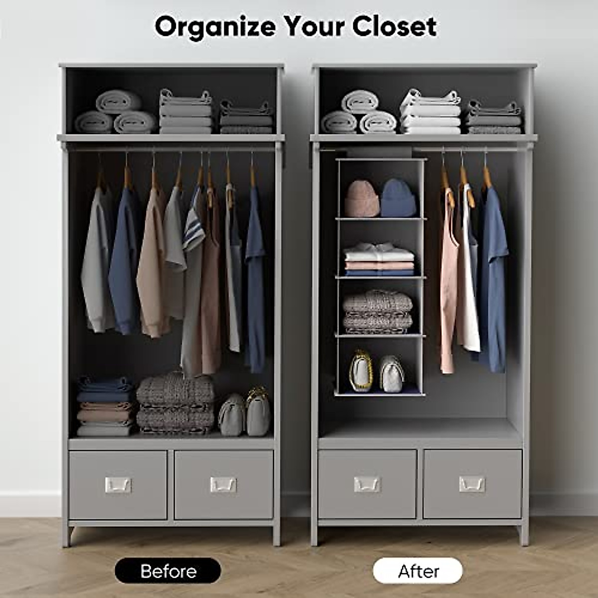 JONZIN 2 Pack Hanging Closet Organizer and Storage 4-Shelf, Hanging Shelves for Closet, Collapsible Wardrobe Hanging Shelves Organizer for Bedroom or Garment Rack, 11.81" x 11.81" x 27.95"