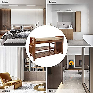 YUSING Bamboo Shoe Rack Bench with Removable Cushion, 2 Tier Entryway Shoe Storage Organizer Shelf with Hidden Drawer and Umbrella Stand for Bedroom, Living Room and Bathroom (Large)