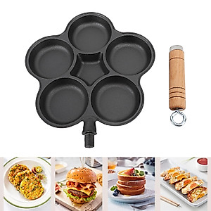 Cast Iron 5 Hole Egg Frying Pan, Heavy Duty Breakfast Pan, Fast Heating Induction Cooker, Solid Wood Handle, for Gas Stove