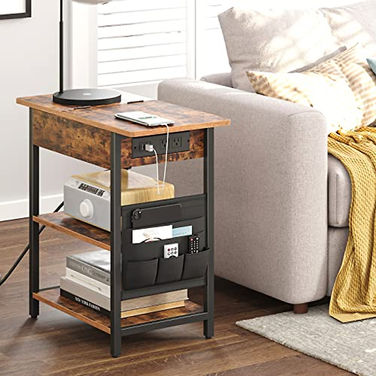 TUTOTAK End Table with Charging Station, Side Table with Storage, Flip Top Bedside Table with USB Ports and Outlets, Nightstand for Small Spaces, Sofa Table TB01BB051