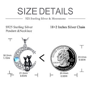 VONALA Celtic Moon Cat Necklace for Women Sterling Silver 2 Black Cat Jewelry Women Two Cat Necklace for Cat Lovers