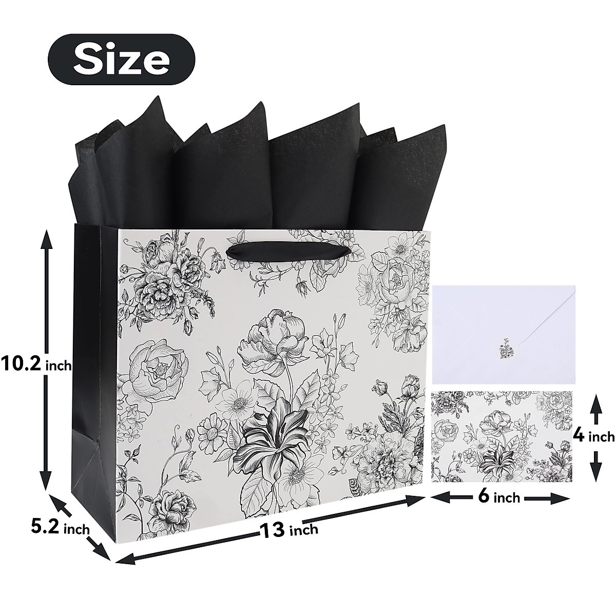 13” Large Sketched Flowers Gift Bag Set with Handles, Greeting Card, Tissue Papers and Stickers for Women Girls for Birthday, Wedding, Anniversary and Mother’s Day, Black Flowers Design, 1 Pcs