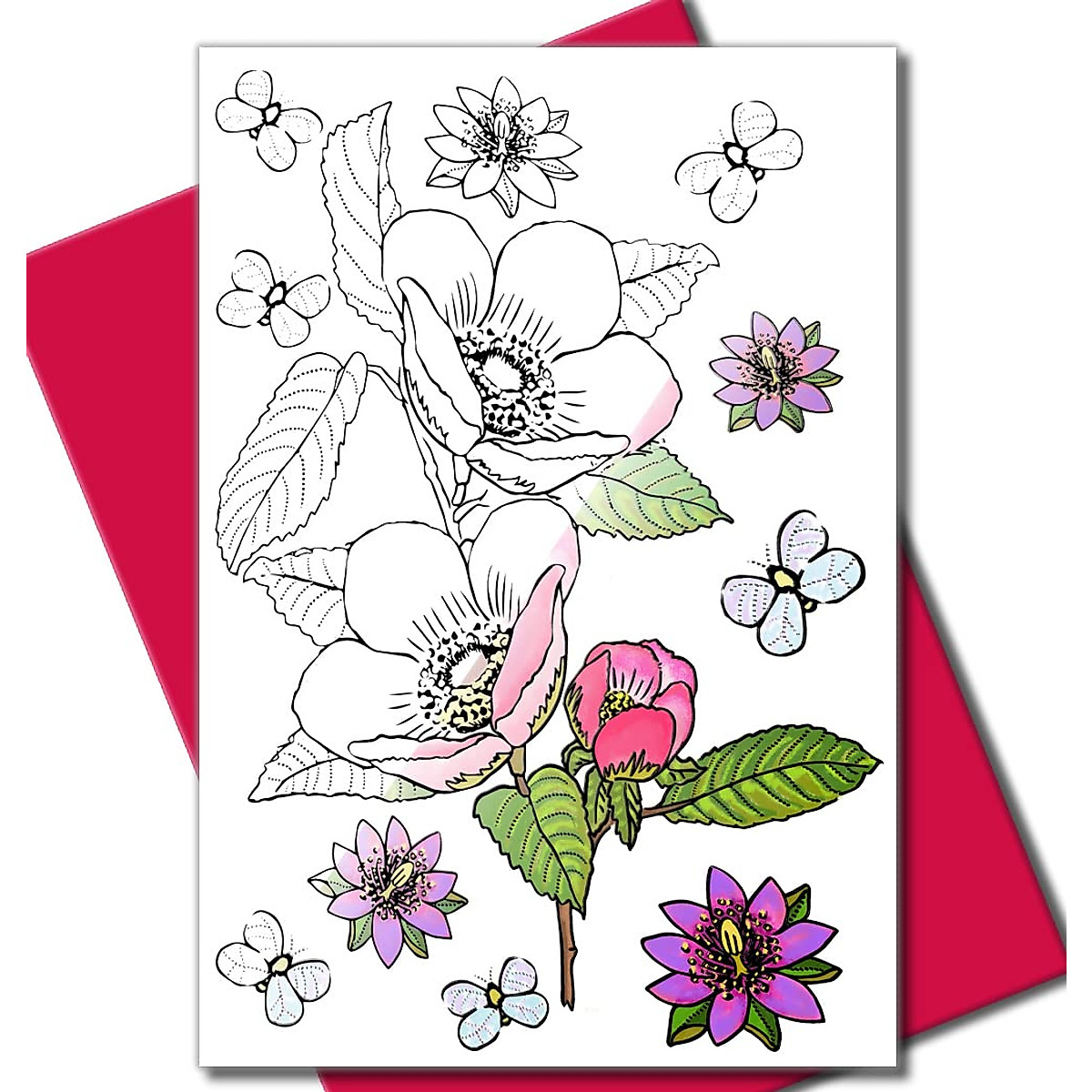Art Eclect Adult Coloring Flower Greeting Cards for Birthdays, Anniversary, Thank You and Sympathy Cards (10 Cards and 10 Envelopes, Set Flowers B/Pink)