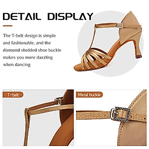 JUODVMP Women Latin Dance Shoes Beige Satin Ballroom Performance Salsa Tango Practice Dance Shoes 3inch High Heel Model WX217,7 US