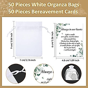 Coume 50 Set Funeral Favors Memorial Tealight Candles Unscented White Candles Funeral Gift Candles with Condolence Bereavement Cards and Organza Bags for Guest Furneral Party (Artsy)
