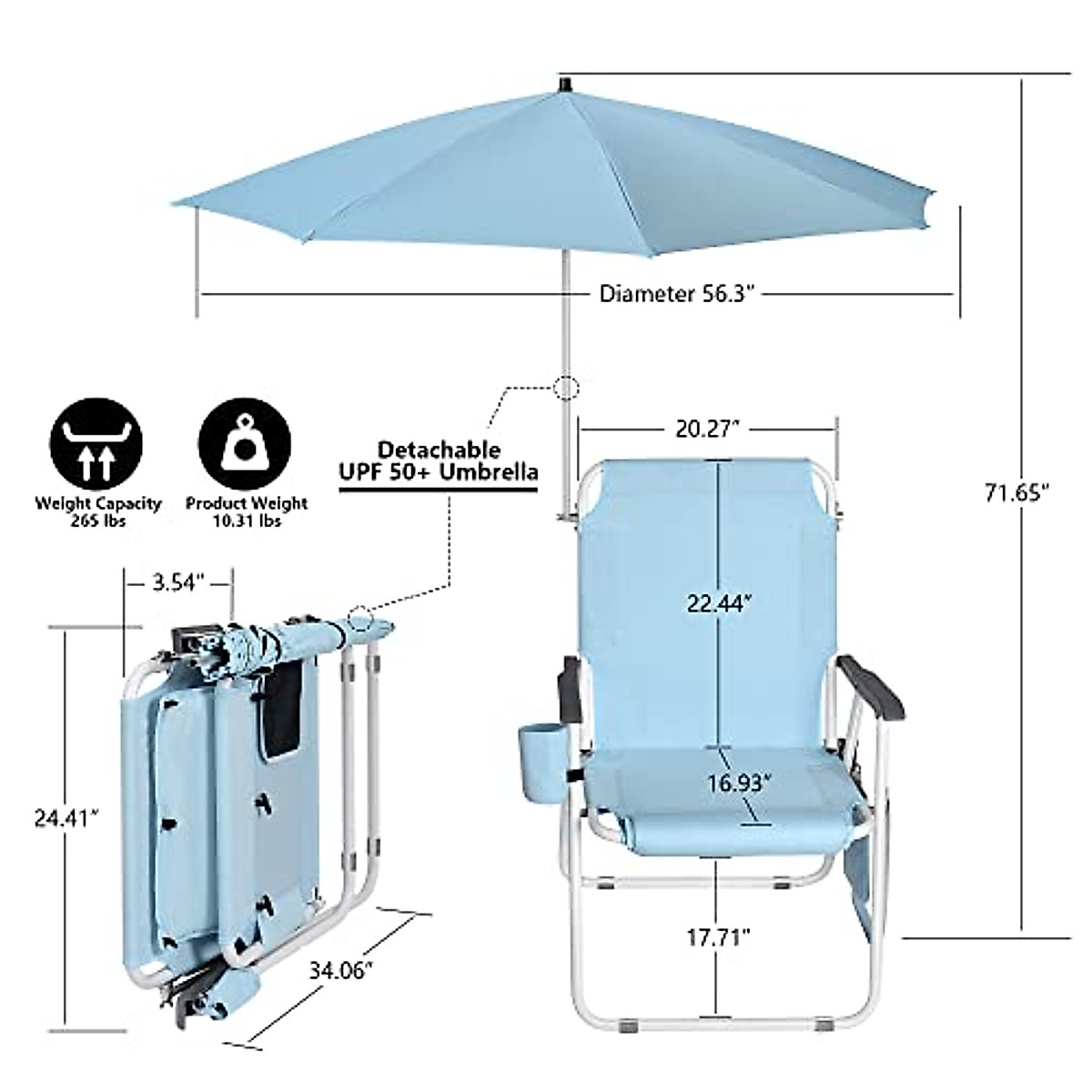 High Beach Chair with UPF50+ Umbrella Canopy Shade Lightweight Portable Folding Lawn Chairs with Arms Shoulder Strap Cup Holder for Adults Outdoor Concert Patio Camping Sand Festival Pool Picnic