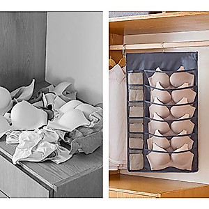 1 Piece Closet Hanging Organizer Storage Bags with Mesh Pockets and Rotating Metal Hanger Dual Sided Wall Shelf Wardrobe Organizers Storage Bags for Bra Underwear Underpants Socks(Gray, 24 Pocket)