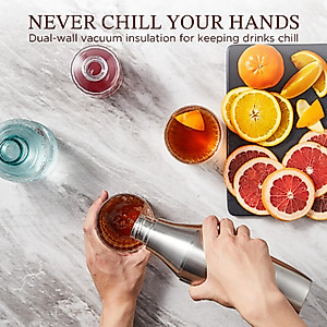 Kitessensu Hybrid Cocktail Shaker | Vacuum Insulated Stainless Steel Martini Shaker with Double Wall Martini Cup | Integrated Measuring System | Tumbler Lid & Cocktail Recipes Included | Silver