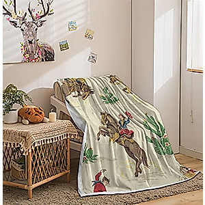 Bzhilja Western Cowboy Throw Blankets, Western Riding Horse Wild Tropical Cactus Desert Cozy Warm Bed Couch Blanket, Farm Farmhouse White Fleece Flannel Throws to Decorate The Room and Bedroom.