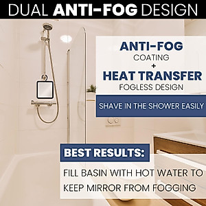 MIRRORVANA Dual Anti Fog Shower Mirror for Shaving with Hook for Hanging and Fogless Shatterproof Surface - Fill Back Chamber/Reservoir with Hot Water for Fog Free Shave (8" x 7", Black)