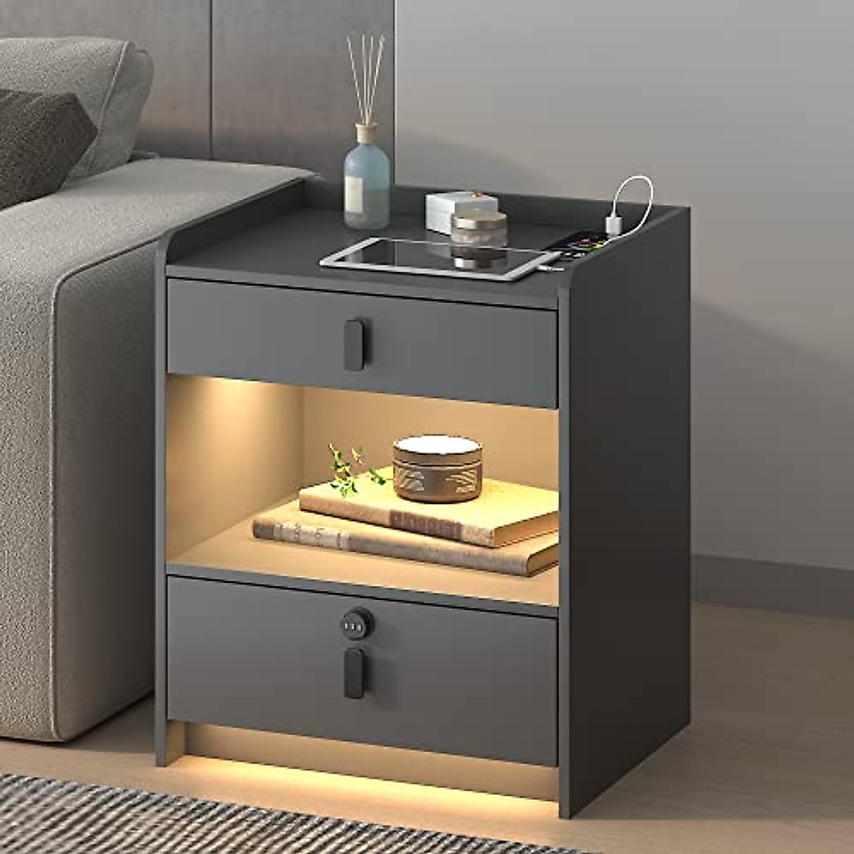 Vlsrka Nightstand with Charging Station, Night Stand with Drawers, LED Nightstands with 24 RGB Colors, Modern Side Table with USB Ports and Open Shelf, Bedside Table for Bedroom, Grey