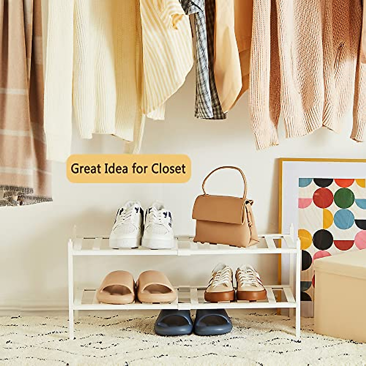 Dikolre Shoe Rack Organizer Storage for Closet Entryway, Dorm Front Door Hallway Bamboo Stackable Small Wooden 2-Tier Shelf, White