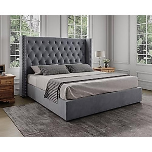 Jocisland King Size Lift Up Storage Bed, Upholstered Platform Bed Frame and Velvet Button Tufted Headboard with Wingback, Hydraulic Storage, No Box Spring Needed, Easy Assembly, Gray