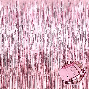 3 Pack Pink Foil Fringe Curtain Backdrop, 3.28Ft x 8.2Ft Metallic Tinsel Foil Fringe Streamer Curtains for Photo Booth, Christmas Day, Thanksgiving, Wedding, New Year Party Decorations