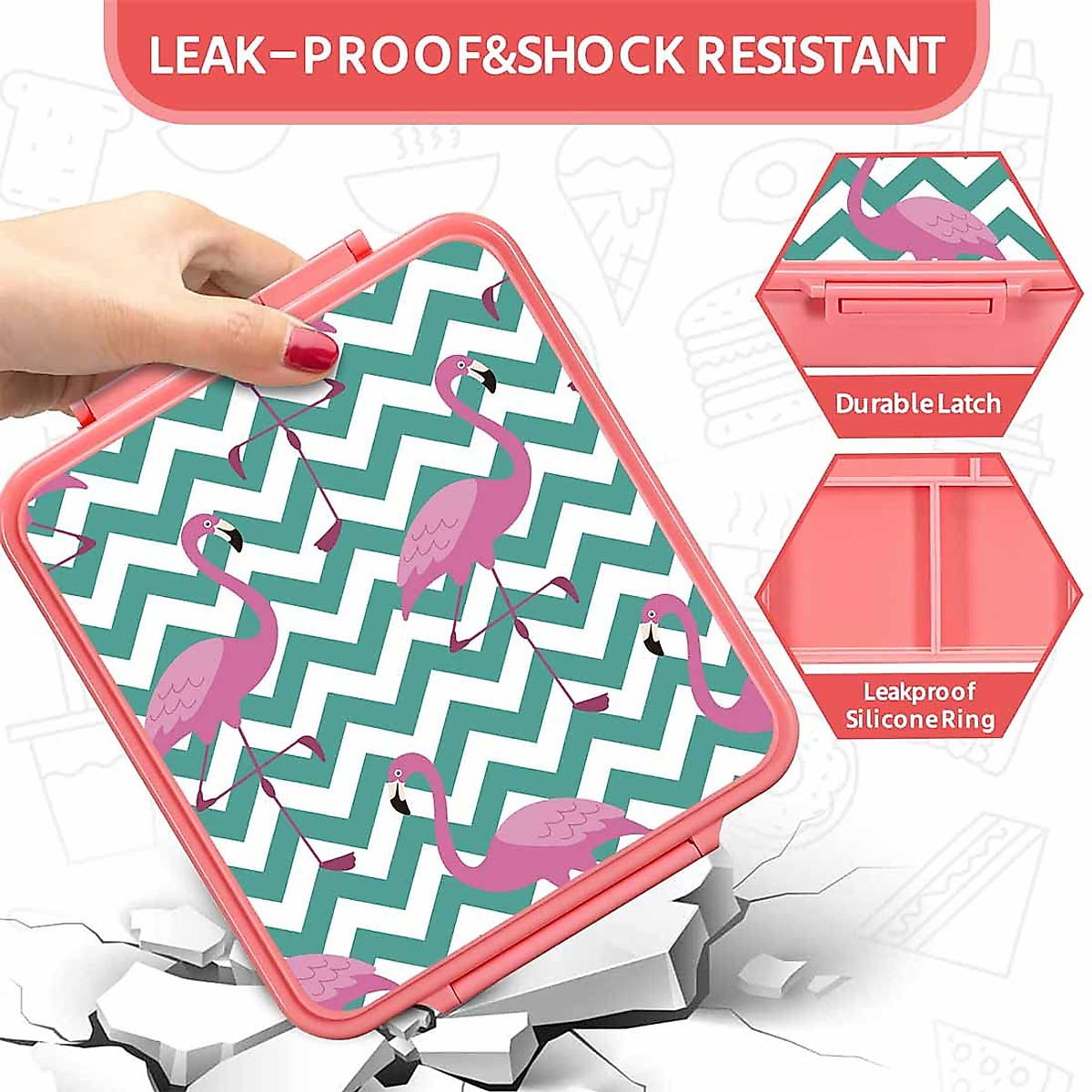 MAISON HUIS Bento Lunch Box for Kids With 8oz Soup Thermo, Leakproof Lunch Compartment Containers with 4 Compartment Bento Box, Thermo Food Jar and Lunch Bag, BPA Free,Travel, School(Flamingos)