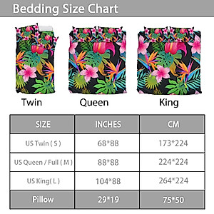 gearider Hawaiian Plant Pattern Black Bedding Set of 3, Ultra Soft Tropical Plumeria Floral Leaves Duvet Cover Set with Zipper Closure - Size Queen