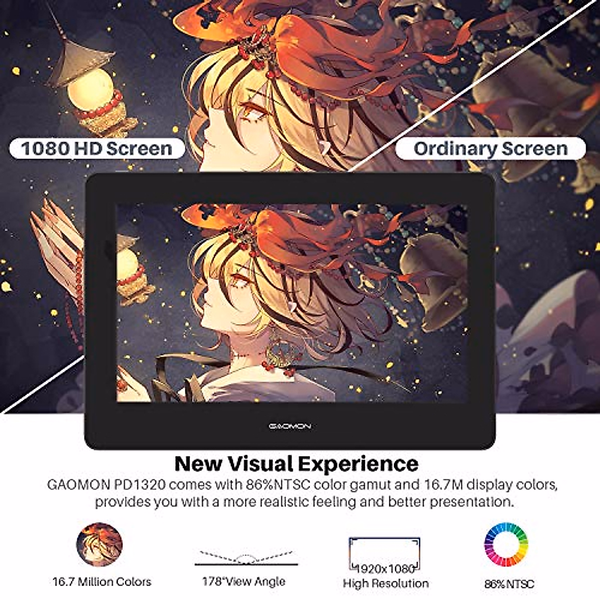 GAOMON PD1320 13.3 Inches Tilt Support Graphics Drawing Tablet with 86% NTSC Full-Laminated IPS Screen Pen Display-Gray