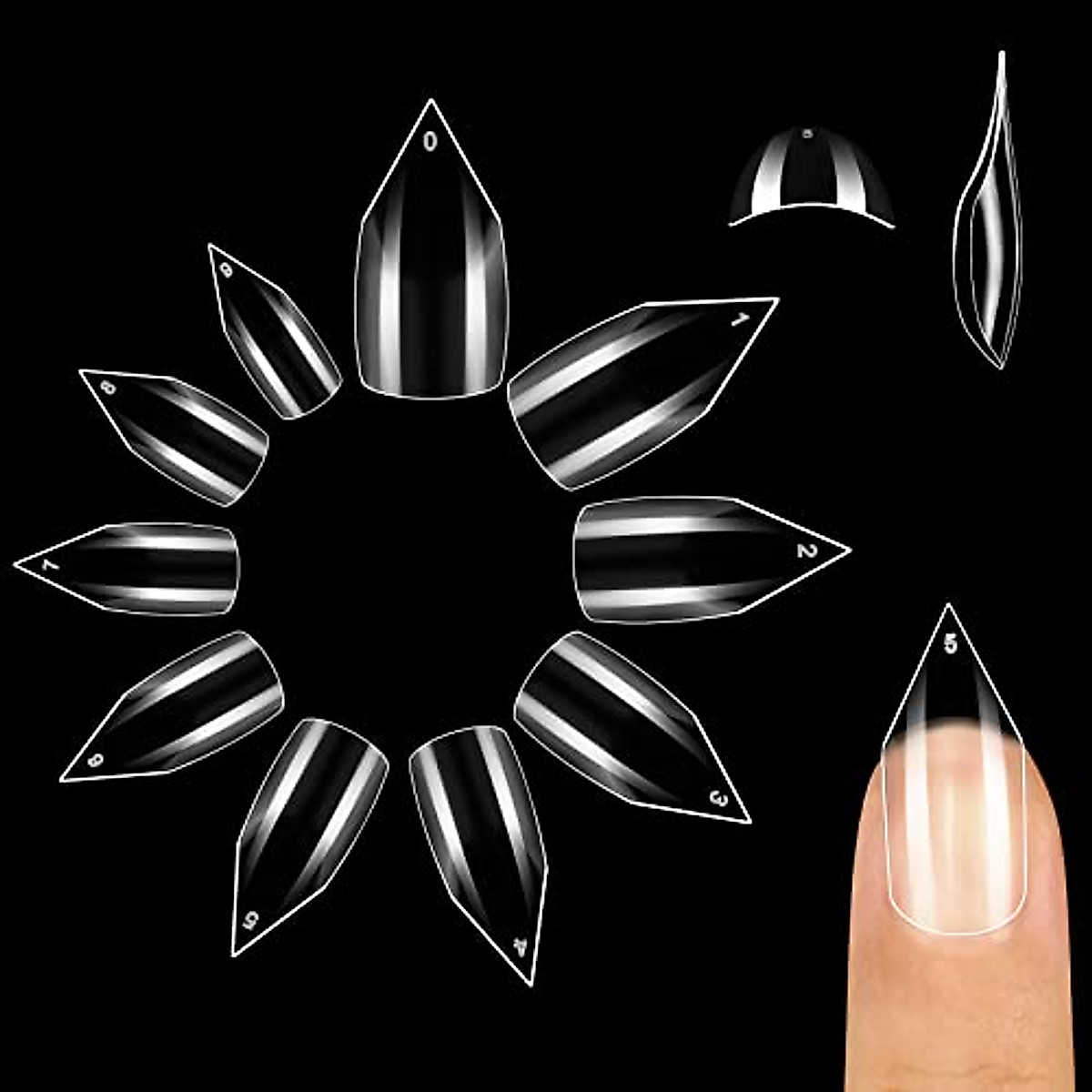 NOVO OVO 500 pcs Short Stiletto Full Cover French Manicure Nail Tips, Extra Sharp Arrow Head Mountain Peak Edge Pointy Eagle Cat Claw Fishbone Clear False Fake Nails Extension for Acrylic 10 Sizes