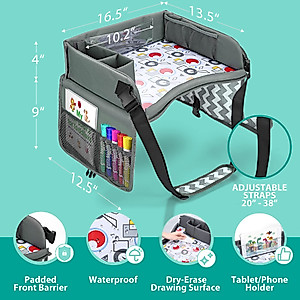 Kids Travel Tray - Car Seat Tray or Table as Road Trip Essentials – Children Kids Lap Desk as Travel Accessories for Toddler Airplane Travel Activity, Snack with Storage Pockets & Dry Erase Board