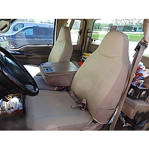 Durafit Seat Covers, F238-X3 1999-2007 Ford F250-F550 Base Model Only, Front 40/20/40 Split Seat Covers with Pointed Molded Headrests & Opening Console, Coin Holder in Console Tan Twill Fabric.