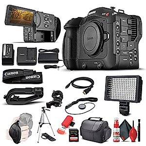 Canon EOS C70 Cinema Camera (RF Lens Mount) (4507C002), 128GB Extreme Pro SD Card, Tripod, HDMI Cable, Case, LED Light, Card Reader, Cleaning Set, Cap Keeper, Hand Strap (Renewed)