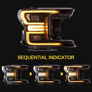 VLAND Headlights Assembly Fit for Ford F150 2018-2020, XL, XLT, Platinum, Lariat, Limited, SSV, King Ranch, Full LED Headlamp with DRL, Sequential Turn Signal, Plug-and-play, Black