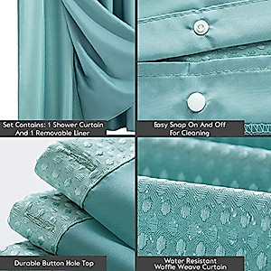 Waffle Weave Shower Curtain with Fabric Snap in Liner Set with Mesh See Through Top Hotel Quality White Shower Curtain Bathroom Curtain Shower Curtain Set 70 X 72 Inch Long Shower Curtain in Aqua