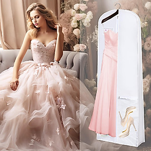 Hiitytin 70" Wedding Dress Garment Bag with 10'' Gusseted Dress Bags & Bride Tote Bag, 3 Pockets Garment Bag for Wedding Dress, Gown Garment Bag for Long Dresses, Prom Gown Bags, Bride Bag, White (1)