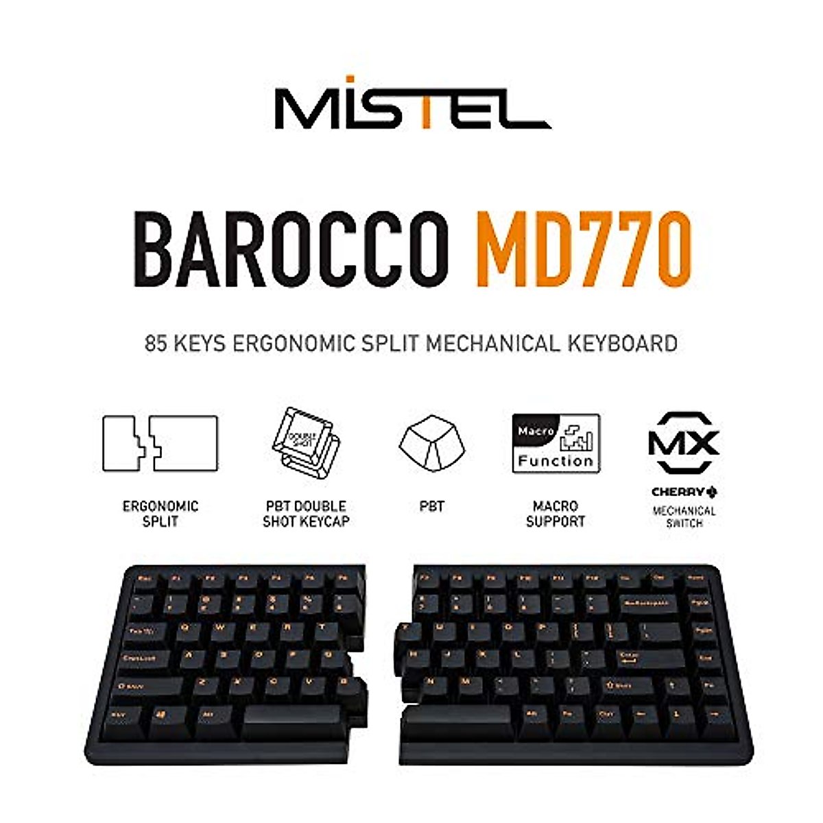 Mistel BAROCCO MD770 TKL Split Mechanical Keyboard with Cherry MX Blue Switch, Ergonomic Keyboard with Orange Letter PBT Double Shot Keycaps for Windows and Mac, Programmable Macro Support, ANSI/US