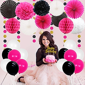 Birthday Decorations for Women Hot Pink and Black White Happy Birthday Bunting Banner Tissue pom Poms Paper Fans Circle Dots for Girls Birthday Party Supplies