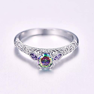 Pakula Women Silver Tone Simulated Rainbow Topaz Stacking Gemstone Finger Ring Fashion Jewelry Gift Wife Party Band