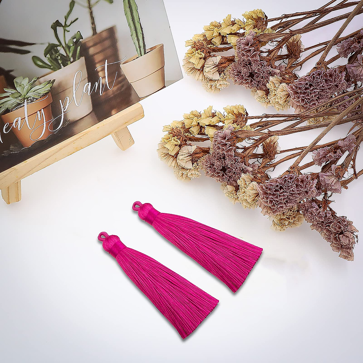 VAPKER 20pcs Deep Pink Tassel Mini Silk Tassels for Craft Jewelry Making Woman, Handmade Soft Ice Silky Tassels with Loops for DIY Projects, Bookmarks(8.5CM/3.5 Inches)