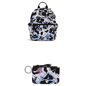 Recycled Cotton Small Backpack, Plum Pansies withVera Bradley womens Cotton Zip Wallet ID Case, Plum Pansies - Recycled Cotton, One Size US
