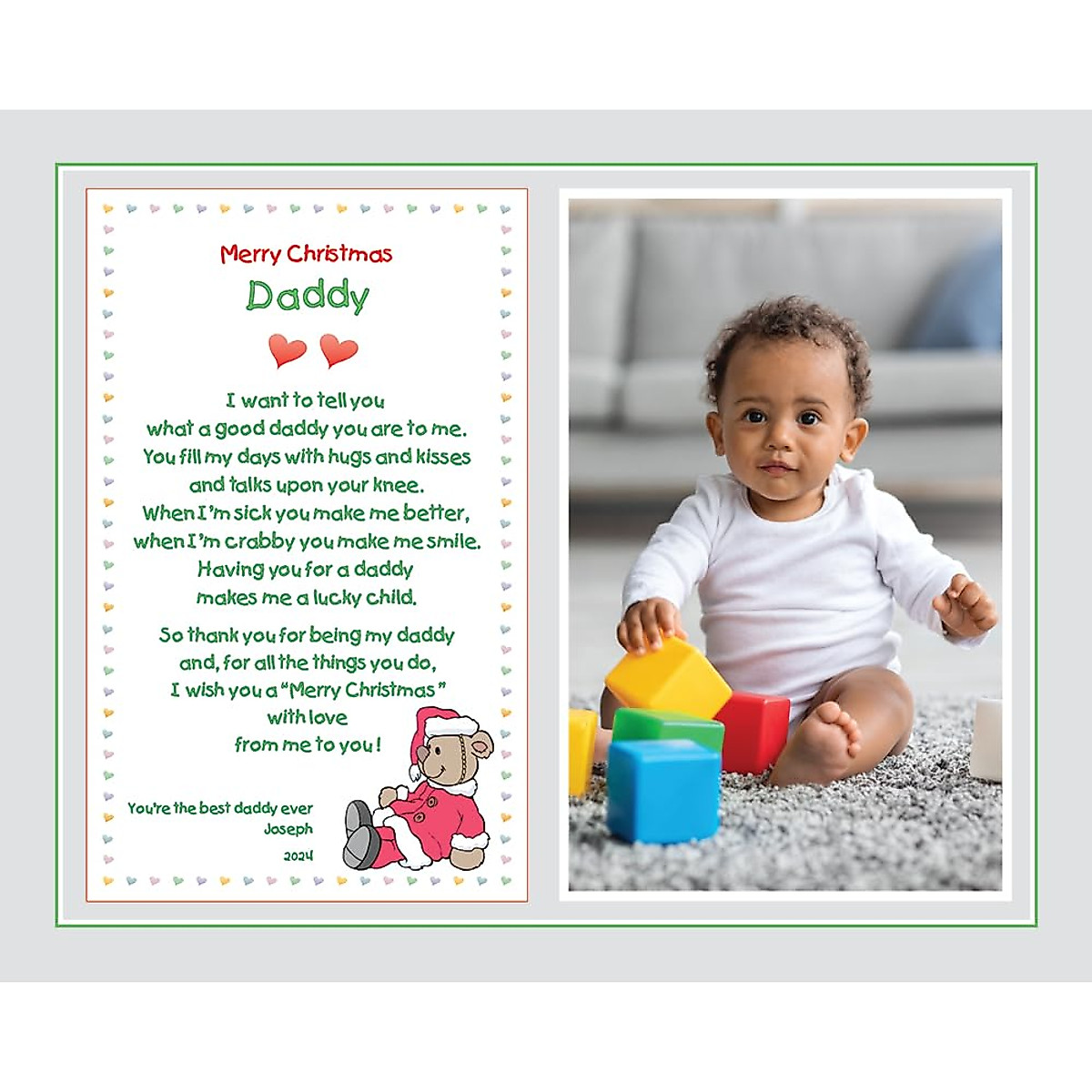 Poetry Gifts New Father, Merry Christmas to Daddy From Baby, 8x10 Inch Print Personalized with Name and Photo