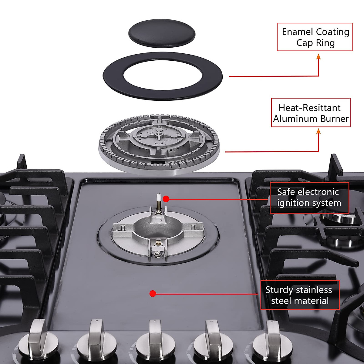 30 Inch Gas Cooktop, Built-in Stainless Steel Gas Stovetop 5 High Efficiency Burners Gas Stove LPG/NG Convertible Gas Hob (Black)