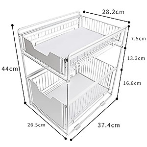 YUEGOO Kitchen Sinks Solid Under Sink Storage Rack, Under Sink Organizers and Storage with Sliding Drawer Suitable for Kitchen Storage Savers Under Sink Rack Shelf/White/37.4 * 26.5 * 44cm