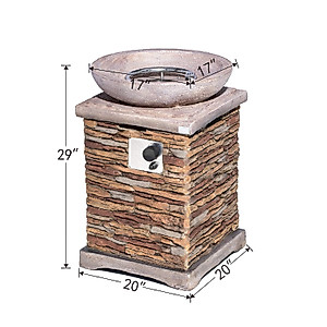 COSIEST Outdoor Propane Fire Pit Table w Faux Brown Compact Ledge Stone 20-inch Square Base and Faux Rose-Marble Round Bowl, 40,000 BTU, Free Lava Rocks, Fits 20lb Tank Inside, Raincover